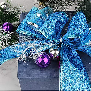 VATIN Christmas Ribbon,Wired Holiday Party Ribbons Assorted Snowflake Dot Holly Star Patterns Decorations, Swirl Sheer Glitter Ribbon 36 Yards (2.5" Width x 6Yard Each Roll) -Blue/Silver