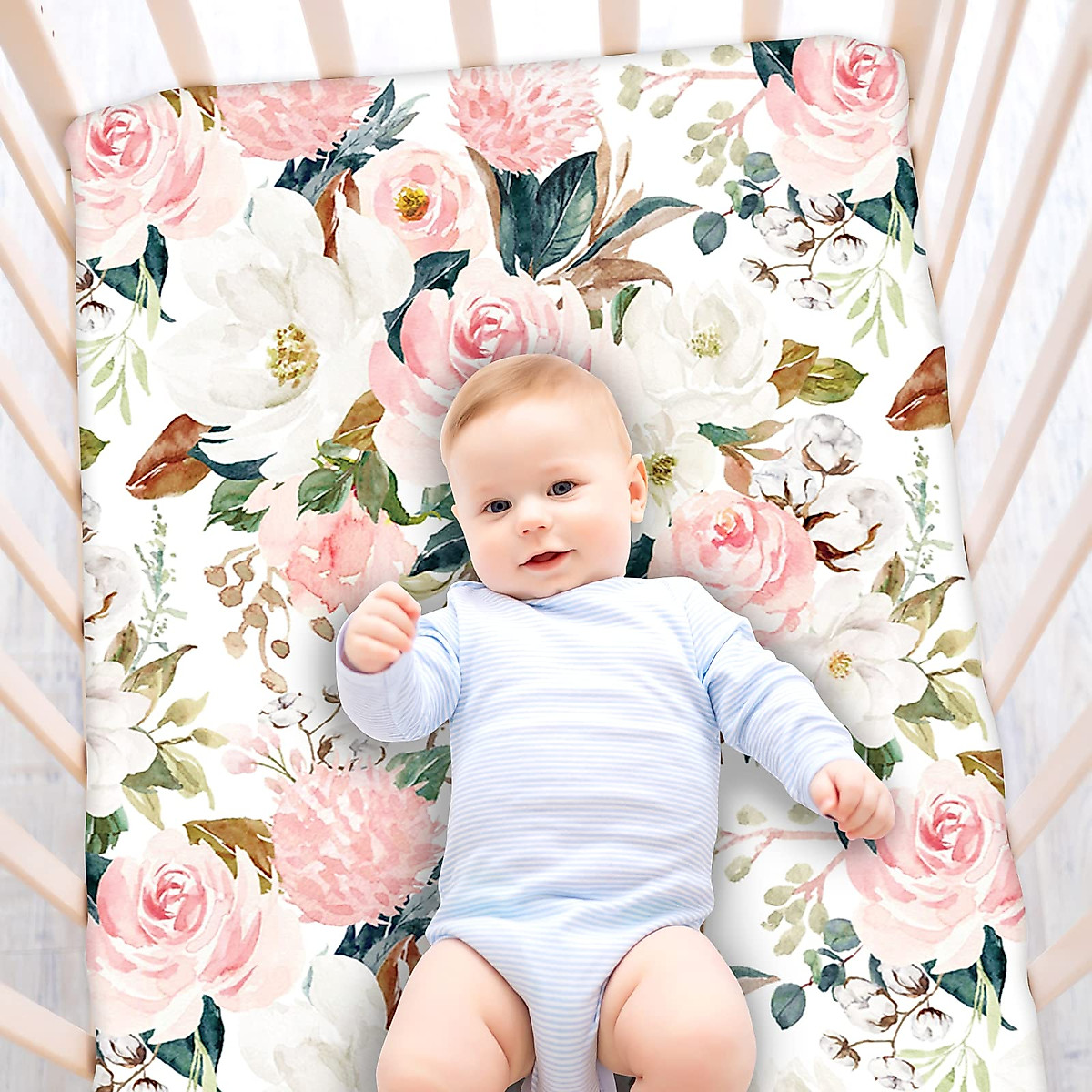 Fitted Crib Sheets for Baby Boys and Girls, Ultra-Soft Jersey Knit Cotton Baby Crib Sheet Fits Standard Crib and Toddler Mattress, Pink Flower