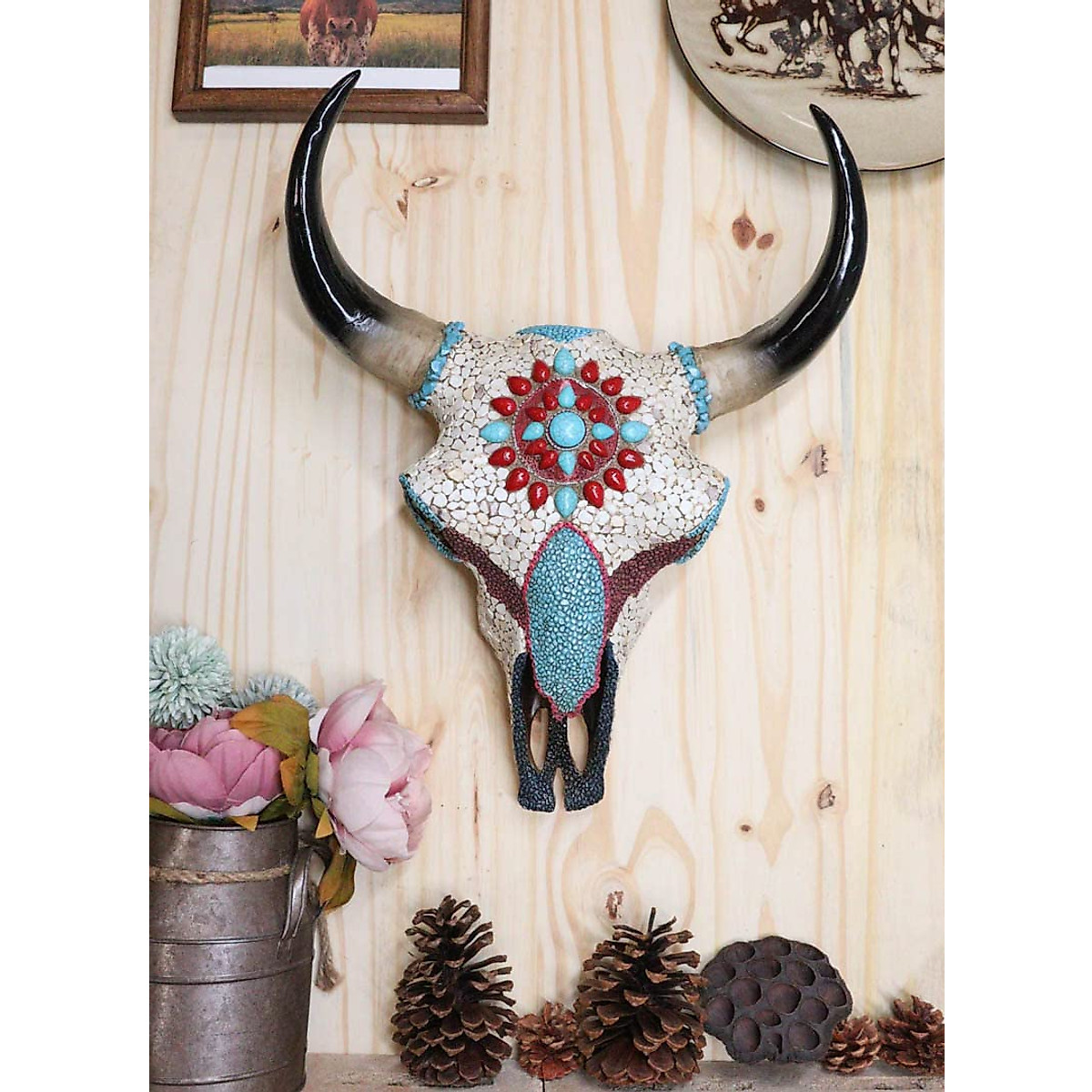 Ebros Gift 16.5" High Large Western Southwest Steer Bison Buffalo Bull Cow Skull Head with Mosaic Turquoise and Red Aztec Sun Teardrop Gems Design Wall Mount Decor Native Indian Accent Skulls