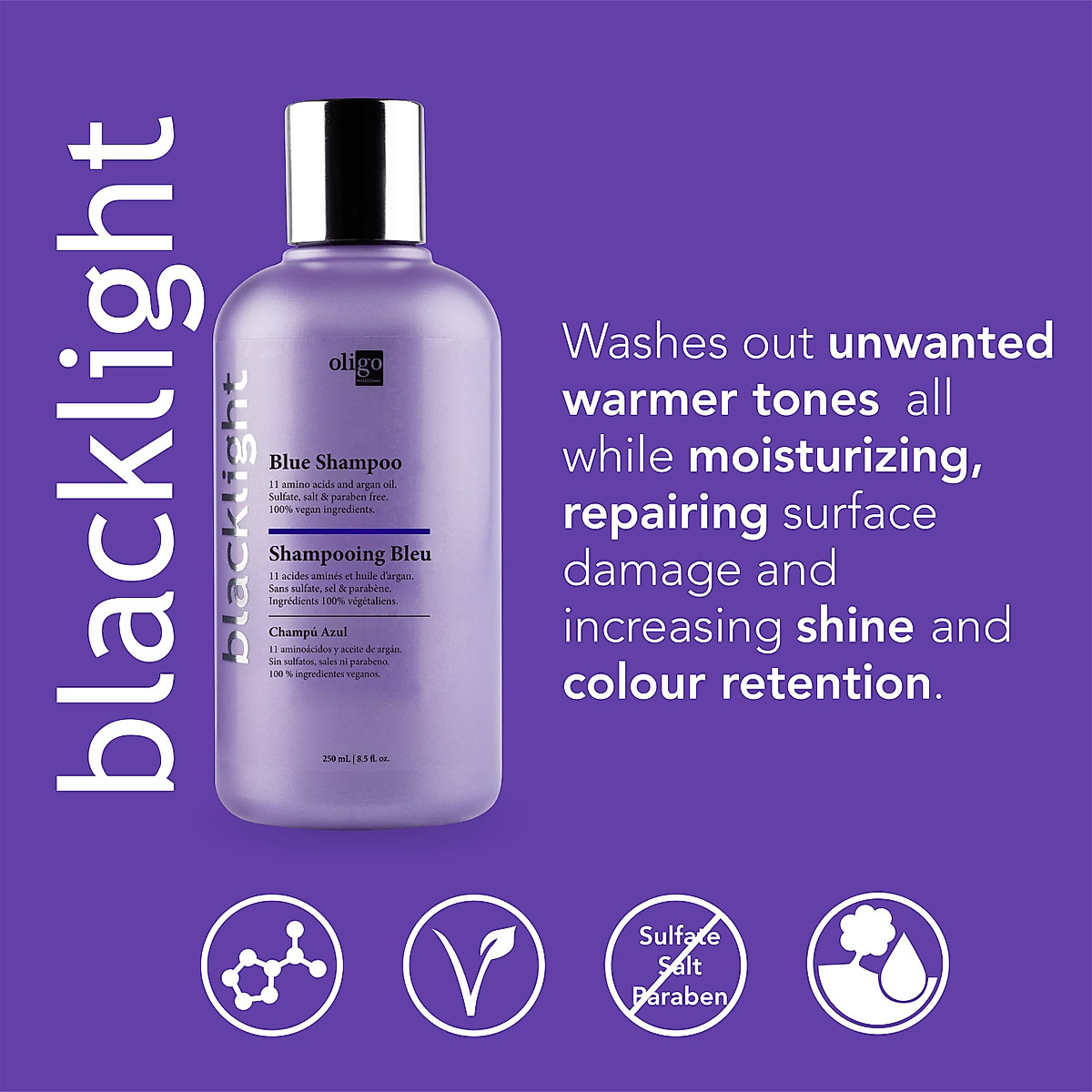 OLIGO PROFESSIONNEL - Blacklight Blue Shampoo - Sulfate-Free Blue Shampoo for Blonde and Color Hair - Revive Treated Hair - Refreshes Faded Highlights - 11 Amino Acids and Moisturizing Formula - 8.5oz