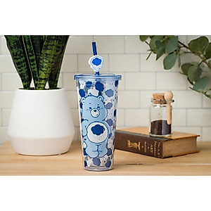 Silver Buffalo Care Bears Grumpy Bear Glitter Plastic Cold Cup with Lid and Straw Topper, 24 Ounces