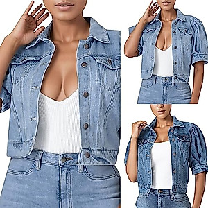 Gerichy Womens Tops, Denim Shirt Women Short, Fall Clothes for Women 2023 Trendy, Women's Oversized Denim Jacket Puff Sleeve Button Down Trendy New Jean Jacket