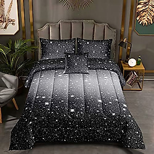 ROWADALO 5 Pieces Black Grey Glitter Sparkles Comforter Set Twin Size,Galaxy Starry Sky Bedding Sets 5 Pcs Bed in A Bag for Kids Teen Girls Ultra Soft All-Season Ombre Bedding Set,DJTGB5001Twin