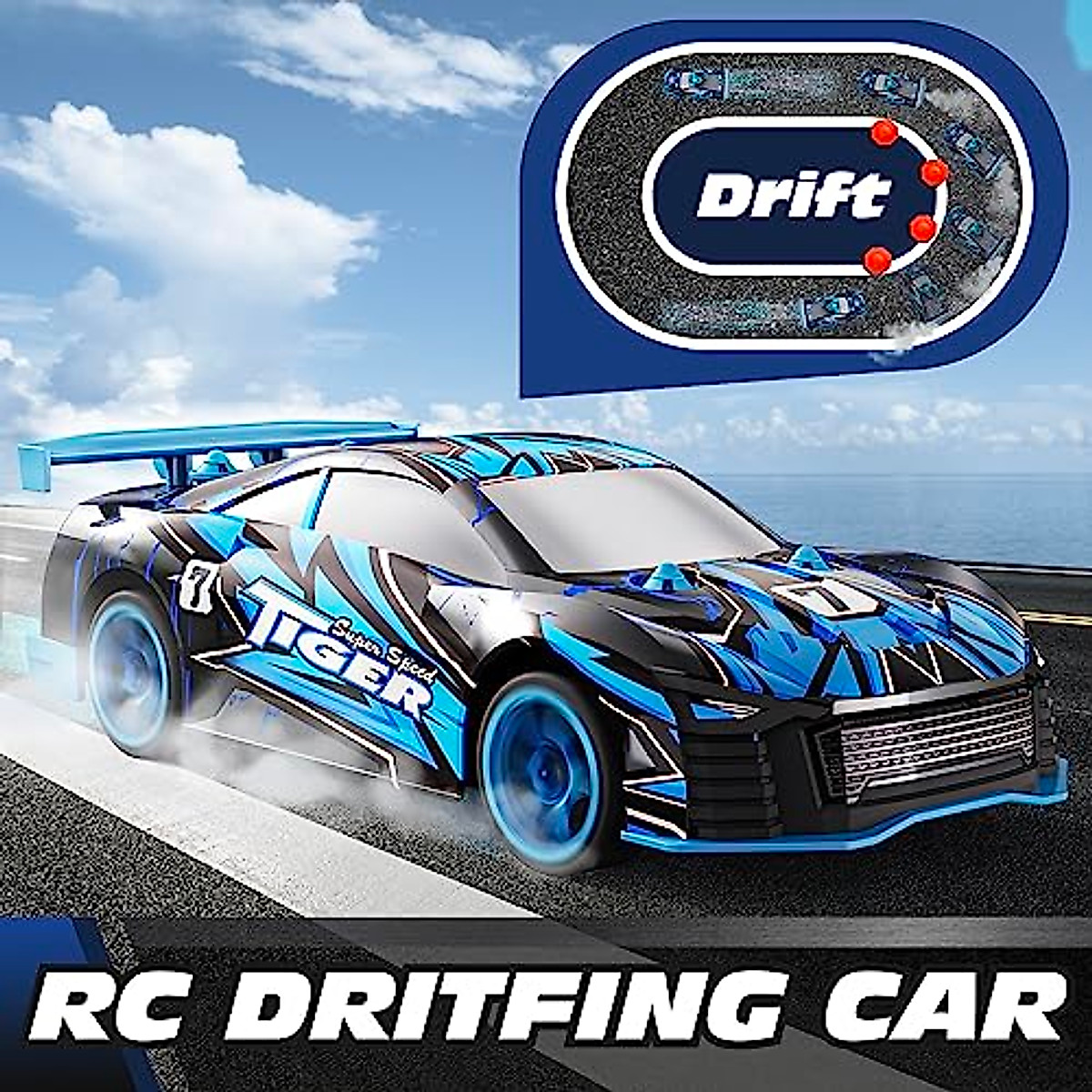 Tecnock Rc Drift Car for Kids, 2.4GHz 4WD Remote Control Car for Boys 8-12, 1/24 Rc Car with Lights and Replacement Tires, Toy Car Gifts for Boys Girls,Blue