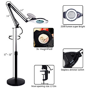 LED Magnifying Glass Floor Lamp with Clamp, KIRKAS 2,200 Lumens Super Bright Stepless dimming Facial Magnifier Lamp, Adjustable Stand and Swivel Arm Floor Light for Repair, Crafts and Tasks - Black