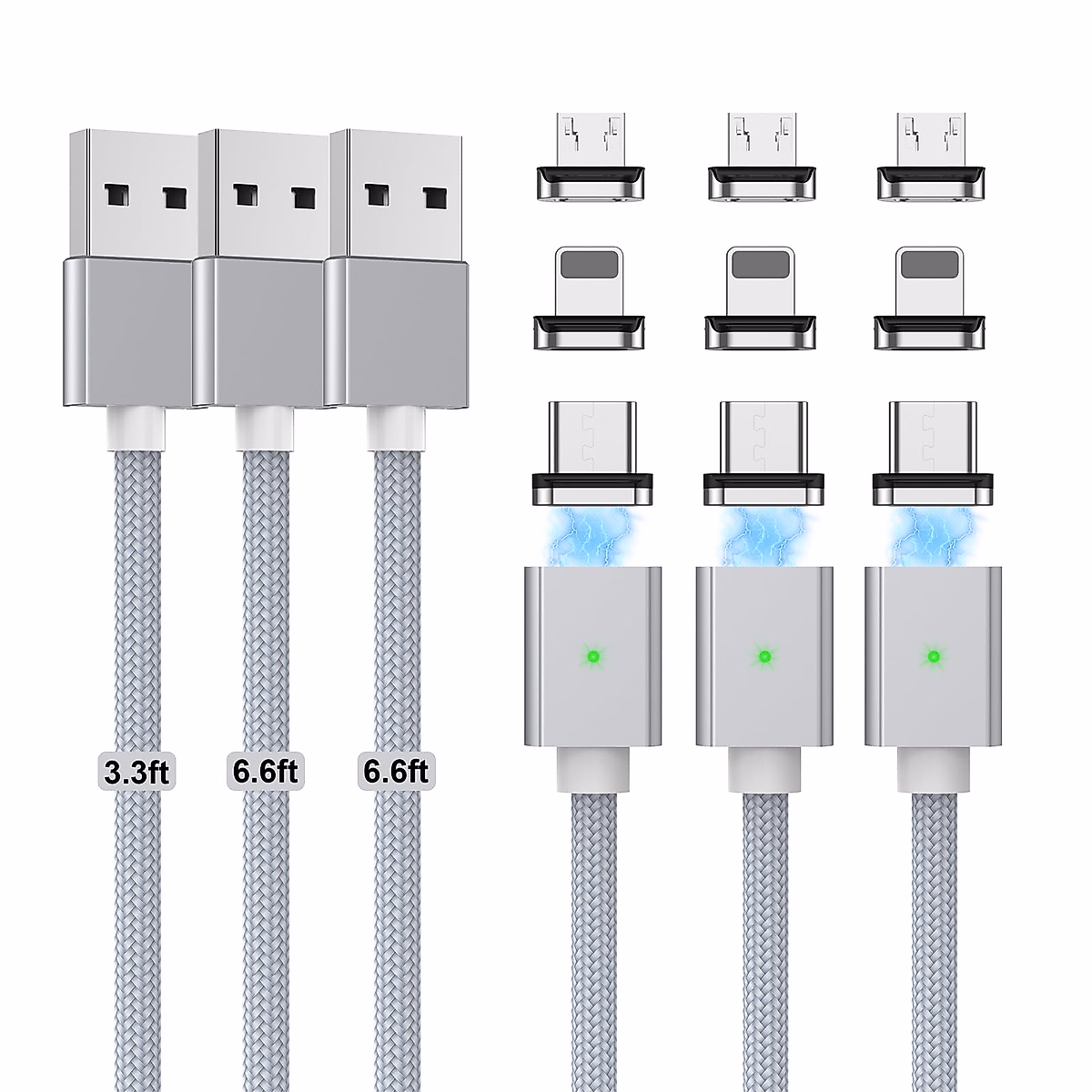 Magnetic Charging Cable 3A Fast Charging(3 Pack,3.3/6.6/6.6ft) 3 in 1 Magnetic Phone Charger with LED Light, Nylon Braided, for Lightning/USB-C/Micro-USB Device