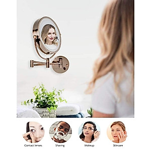 OVENTE 9" Lighted Wall Mount Makeup Mirror with 1X/7X Magnification, Double Sided Magnifying Bathroom Mirror, LED Glow Light, 360° Swivel Design, Extendable Folding Arm, Antique Brass MPWD3185AB1X7X