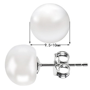 ALYC Pearl Earrings Genuine Freshwater Cultured Pearl White Button Stud Earrings with 925 Sterling Silver for Women(9.5-10.0mm)