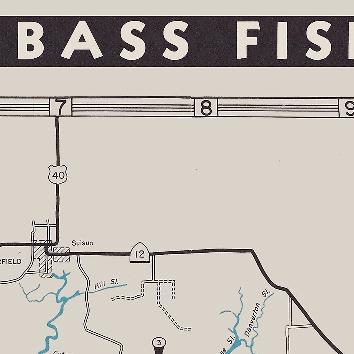 Map of Central California Striped Bass Fishing Grounds, Waterways, and Roads circa 1952 - from San Francisco to Stockton - Maps Inset Shows Boat Rentals (24 inches x 36 inches)