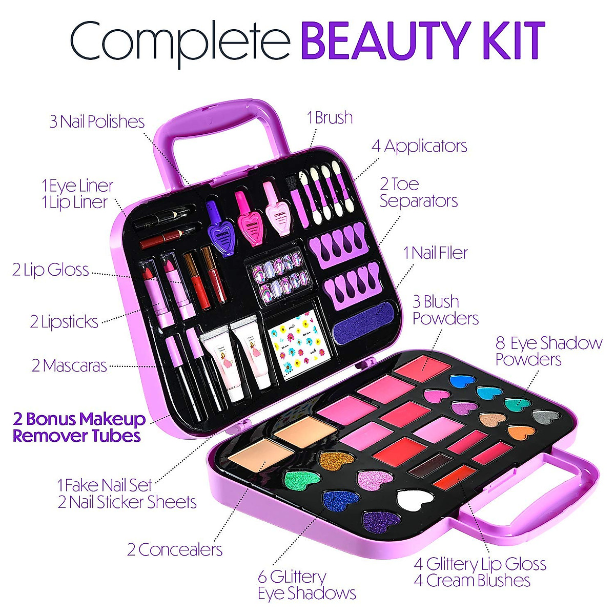 Toysical Makeup Kit for Girls, 51 PCS Pretend Makeup Set for Kids, Real Makeup Toys for Girls, Non Toxic, Princess Toys for Girls, Birthday Gift for 3 4 5 6 7 8 9 10 Years Old Children