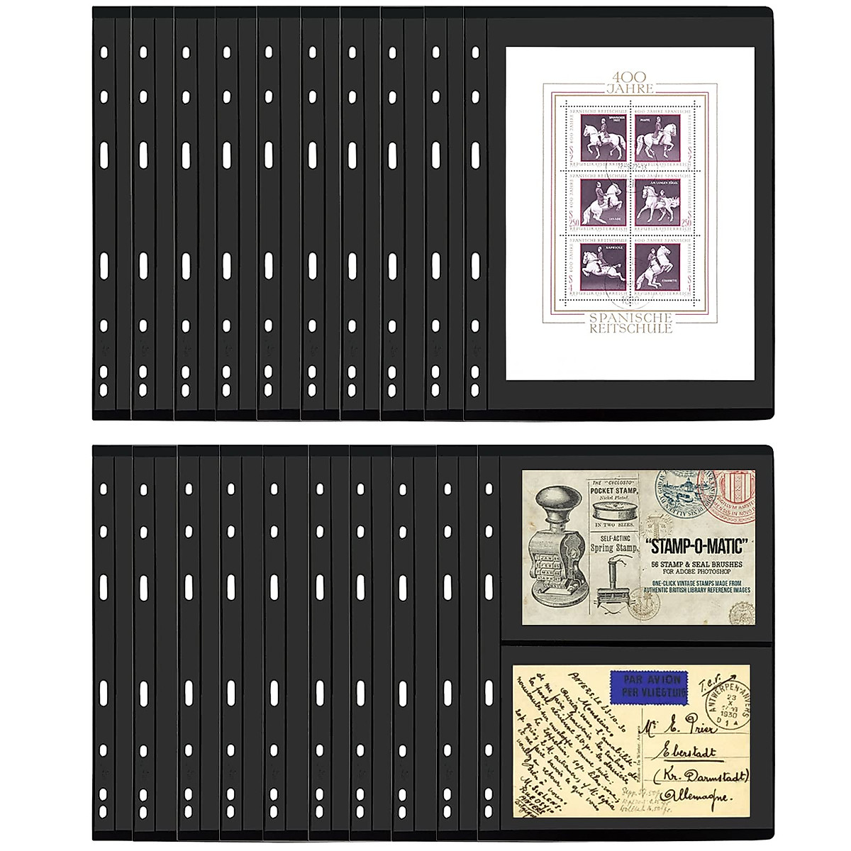 MUQING Stamp collecting storage supplies, 20 Sheets Stamp Pages Sleeves for Stamp Album Binder, Toughness Not easy to creak (1 and 2 Rows)