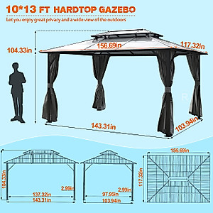 MUPATER Outdoor 10' x 13' Polycarbonate Hardtop Gazebo with Aluminum Frame, Double Roof Canopy, Netting and Curtainsfor Patios, Deck, Lawns, Gardens and Pools