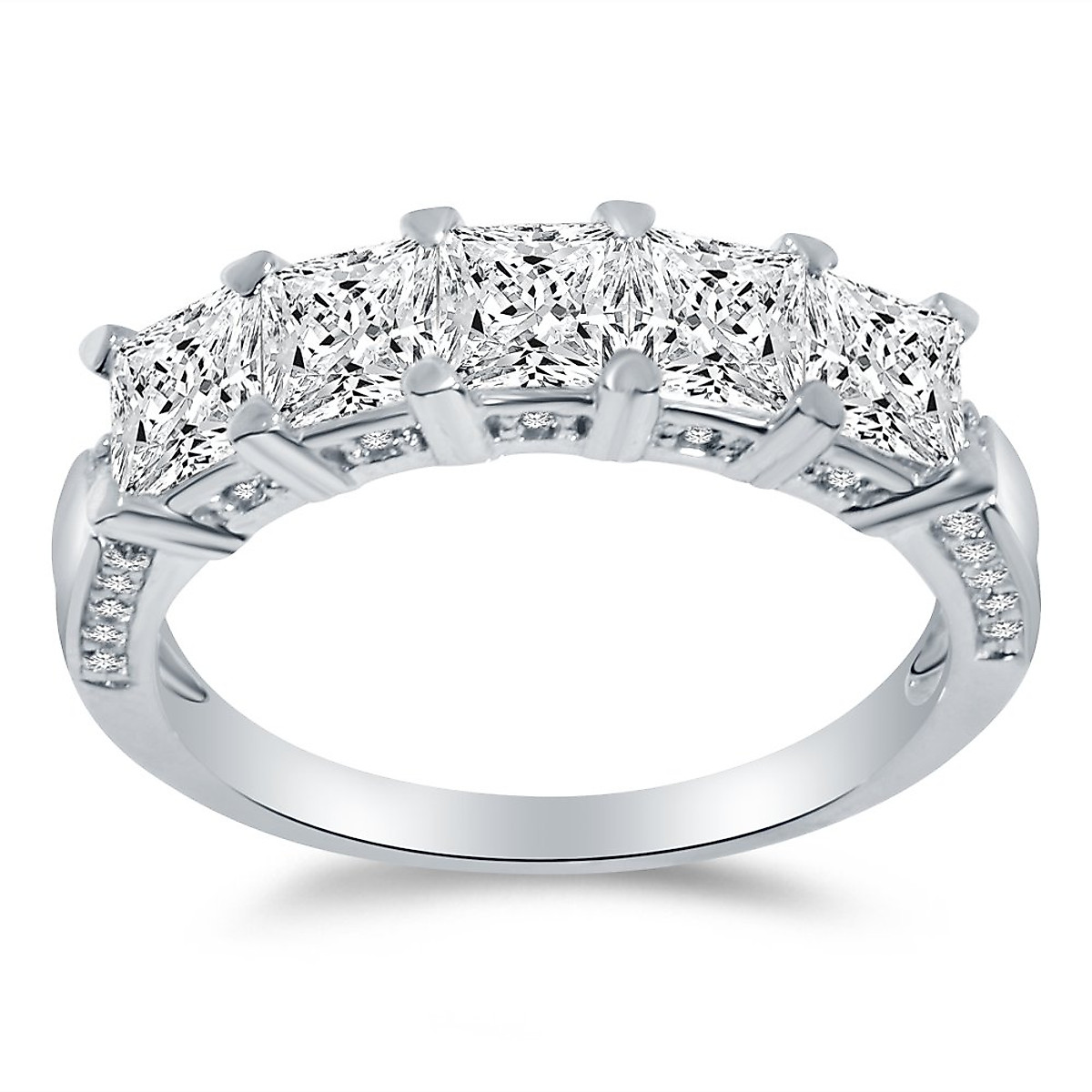 Size - 7 - Solid 14k White Gold 5mm Princess Cut Five Stone With Side Accents Anniversary Ring Wedding Band CZ Cubic Zirconia 2.0cttw.