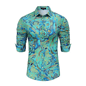 TURETRENDY Men's Paisley Floral Dress Shirt Long Sleeve Slim Fit Button Down Shirts for Prom Wedding Party, Blue Green L