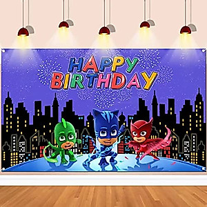 Bnuwue Mask Superhero Party Backdrop - 5x3ft Super City Birthday Backdrop Fireworks Cityscape Mask Party Supplies Backdrop for Baby Shower, Photo Booth Props