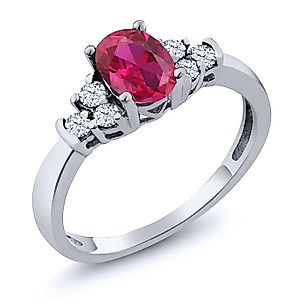 Gem Stone King 925 Sterling Silver Oval Red Created Ruby and White Topaz Ring For Women (0.74 Cttw, Available In Size 5, 6, 7, 8, 9)