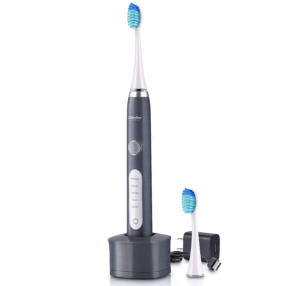 Mueller Sonic Rechargeable Electric Toothbrush with CrossClean Technology, 5 Modes, IPX7 Fully Waterproof, Built-in Auto Timer, 3D Cleaning Action, Grey