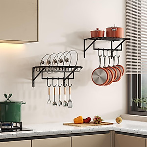 Hongtamoy 2 Packs Wall Mounted Pot Lid Rack Organizer, Hanging Pot and Pan Lid Organizer for Kitchen with 10 Upgrade Hooks, Pot Lid Holder for Cookware,Pans,Utensils Organization, Black
