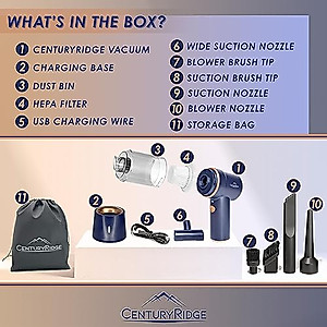 Century Ridge Cordless Car Vacuum, Portable Handheld Vacuum Cleaner 120W Lithium Ion Battery w/Charging Base Stand, 2-in-1 Mini Vacuum & Air Duster w/Attachments & Storage Bag
