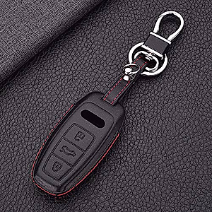 Royalfox 3 Buttons genuine leather smart keyless entry Remote Key Fob case Cover with Keychain for 2019 2020 2021 Audi A6 A6L A7 A8 (black)