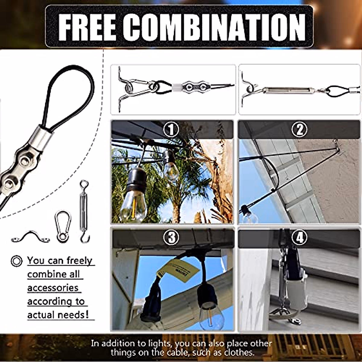 NEREUS String Light Hanging Kit with 164 Ft Nylon Coated 304 Stainless Steel Wire Rope, String Light Suspension Kit, Guide Wire with Turnbuckles and Hooks for Patio, Backyard Lighting Accessories