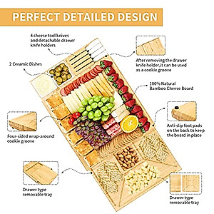 Unique Bamboo Cheese Board and Knife Set, Large Charcuterie Board Set, Premium Cheese Platter Set, Best For Housewarming Gift, New Home, Wedding Gifts for Couple