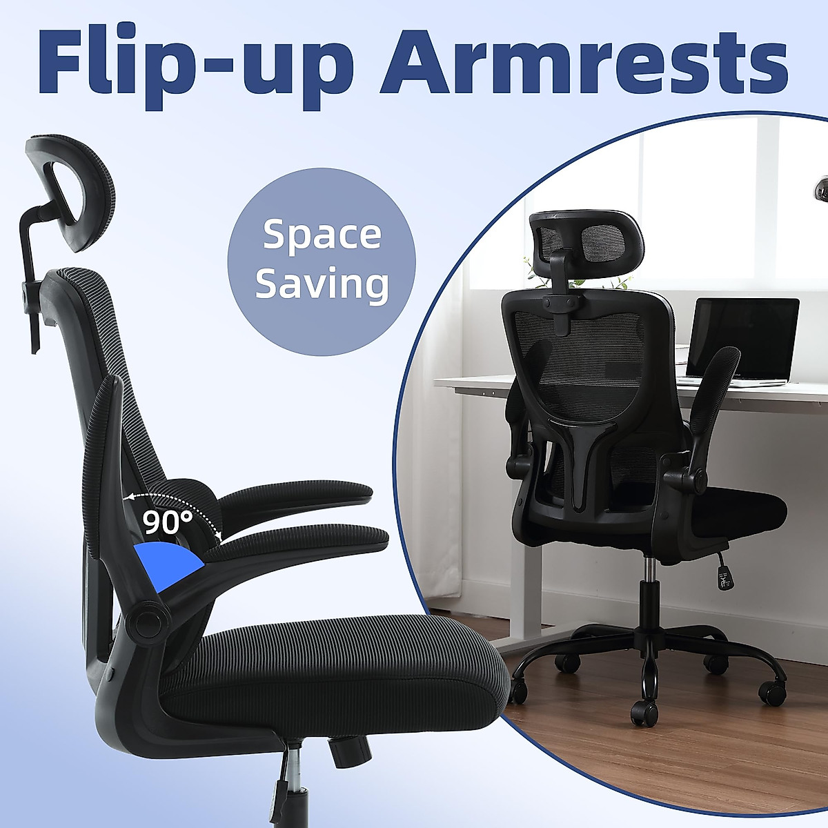 Westice Ergonomic Office Chair, Executive Mesh Office Chair with Flip up Arms & Adjustable Height, Comfortable High Back Swivel Computer Desk Chairs with Lumbar & Back Support, Black