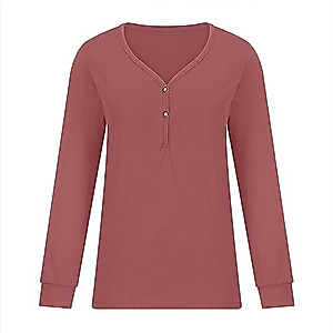 Long Sleeve T Shirts for Women Solid Novelty Henley Neck V-Neck Pink Tops Fall Cotton Blouse Loungewear Tees Shirts Collar Sweatshirts Trendy Blusas De Mujer Elegantes Watermelon Red L