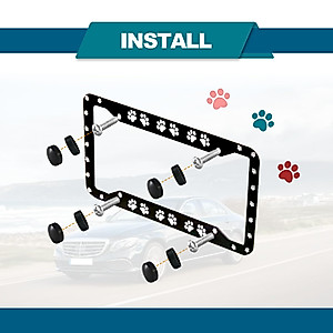 Paw Print License Plate Frame - 2 Pcs Personalise Aluminum Car License Plate Cover Dog Paw License Plate Holder, 4 Pieces Paw Valve Stem Caps, 2 Pieces Paw mat