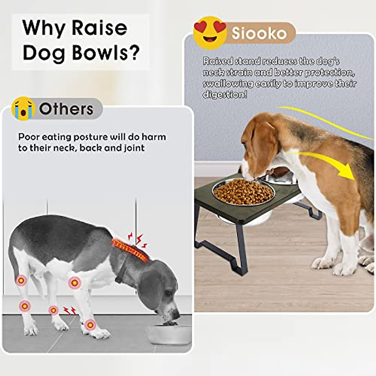 Siooko Elevated Dog Bowls Medium Sized Dog, Wood Raised Dog Bowl Stand with 2 Stainless Steel Dog Bowls, Dog Food Bowl and Dog Water Bowl Non-Slip Feet (6.1" Tall, 40 oz Bowl)
