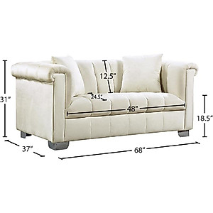 Meridian Furniture Kayla Collection Modern | Contemporary Velvet Upholstered Loveseat with Deep Channel Tufting and Custom Chrome Legs, Cream, 68" W x 37" D x 31" H