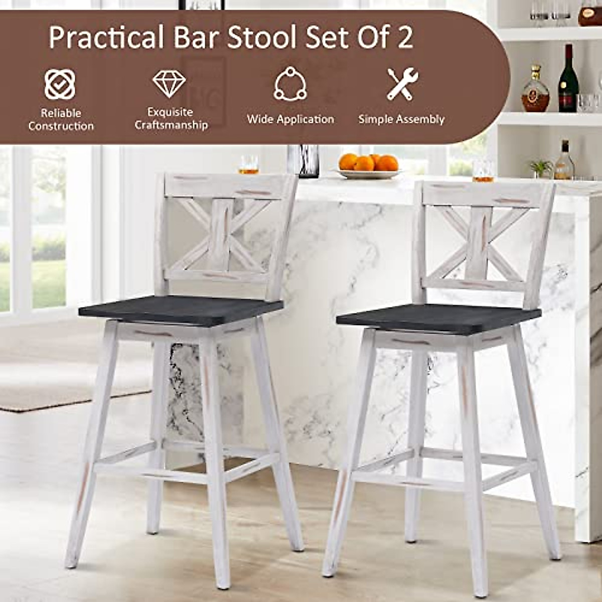 COSTWAY Bar Stools Set of 2, 360 Degree Swivel, 29-inch Height Chairs w/Non-Slip Foot Pads, Rubber Wood Bar Chairs, Vintage Bar Stools for Home, Restaurant (White)