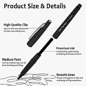 Lelix Felt Tip Pens, 15 Black Pens, 0.7mm Medium Point Felt Pens, Felt Tip Markers Pens for Journaling, Writing, Note Taking, Planner, Perfect for Art Office and School Supplies