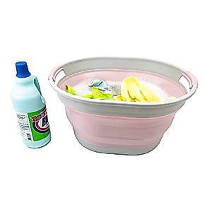SAMMART 23L (6 Gallons) Collapsible Plastic Laundry Basket - Oval Tub - Foldable Storage Container/Organizer -Portable Washing Tub -Space Saving Laundry Hamper (Grey/Pale Pink)