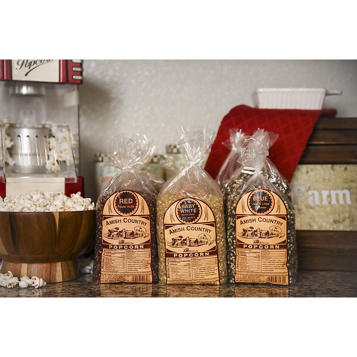 Amish Country Popcorn | 2 LB of Red, 2 LB of Medium White, & 2 LB of Blue Kernels | Old Fashioned, Non-GMO and Gluten Free