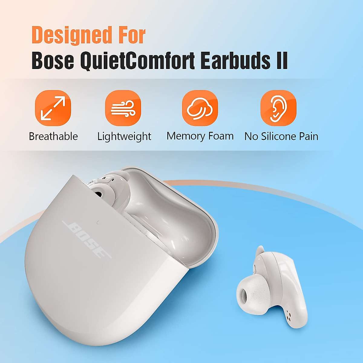 Tang Town Memory Foam Tips for Bose QuietComfort Earbuds II, No Silicone Eartips Pain, Anti-Slip Replacement Ear Tips, Fit in The Charging Case, Reducing Noise Tips, 3 Pairs (Mixed Sizes S/M/L, Gray)