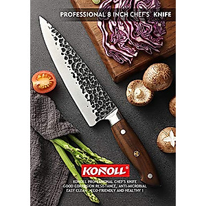 KONOLL Chef Knife Forged Handmade 8 Inch Professional Kitchen Knife, Meat Cleaver HC Stainless German Steel with Full Tang Wood Handle