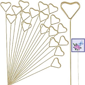 Mabor 20Pcs Flower Card Holder Stick, Metal Floral Place Card Holder 11.8 inche Heart Shape Flower Card Holders Gold Metal Card Picture Holder Pick for Wedding and Party