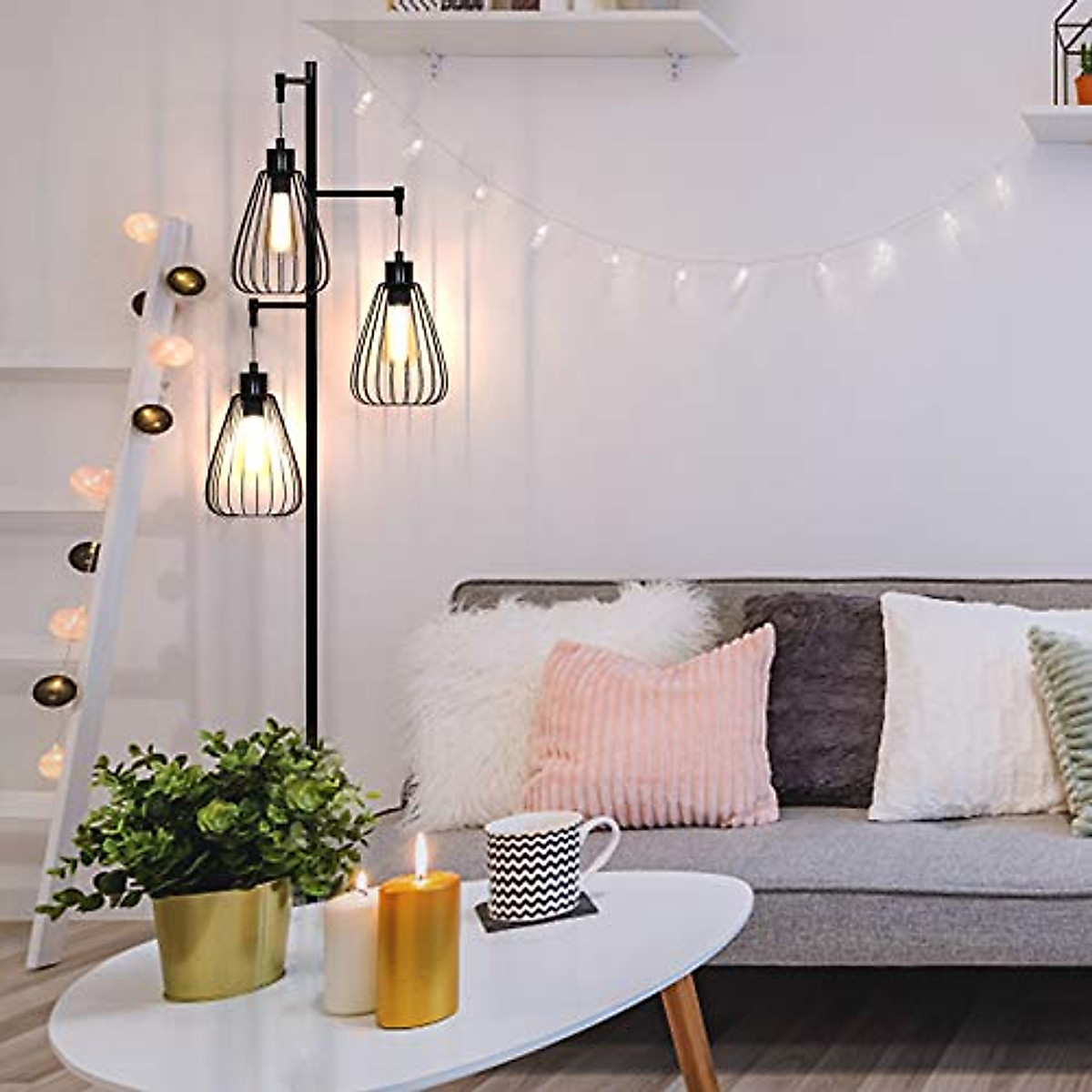 Tangkula 3 Lights Industrial Floor Lamp, Rustic 3-Head Tall Lamp, 67Inch Metal Standing Lamp, Tree Lamp with 3 Hanging Lampshade, Cage Floor Lighting for Farmhouse Living Room Kitchen Bedroom (Black)