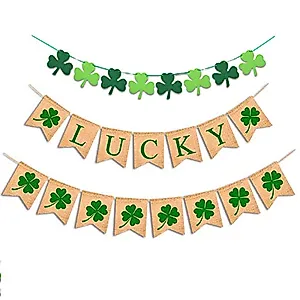 XIMISHOP St Patrick's Day Decorations, St.Patrick's Day Banner, Irish Felt Shamrock Clover Garland Burlap Banners，Irish Party Supplies - Green and Light Green Color