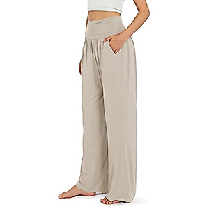 ODODOS Women's Wide Leg Palazzo Lounge Pants with Pockets Light Weight Loose Comfy Casual Pajama Pants-28 inseam, Light Beige, X-Large