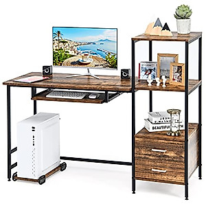 Tangkula Computer Desk with Storage Drawers & Shelves, 55.5 Inch Industrial Home Office Desk with Keyboard Tray & CPU Stand, Study Writing Desk, Laptop Workstation PC Desk for Small Space