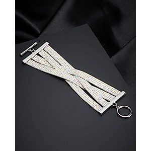 Badgley Mischka Women's Bracelet - Layered Multi Strand Crystal Crossover Toggle Open Cuff Bangle Bracelet, Rainbow Rhinestone