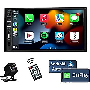 Double Din Car Stereo Compatible with Apple Carplay and Android Auto, 7 inch HD Touchscreen Car Radio Car Audio Receivers, Bluetooth, Backup Camera, Mirror Link, USB/AUX/TF/Subwoofer, FM Radio