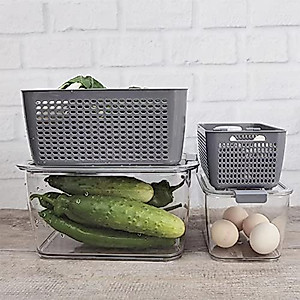 3-pack Vegetable and Fruit Storage Containers for Fridge Organizer Produce Saver Containers for Refrigerator Lettuce Berry Salad Cabbage Keeper BPA-Free Kitchen Organization with Lids and Air Vents (Grey)
