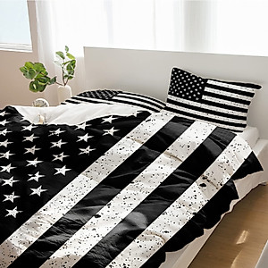 Duvet Cover Sets Black White USA Flag Star and Stripe,3 Pieces Bedding Set Ultra Soft Microfiber Quilt Covers and Pillowcase for Bedroom,Independence Day 4th of July Bed Set All Seasons Use