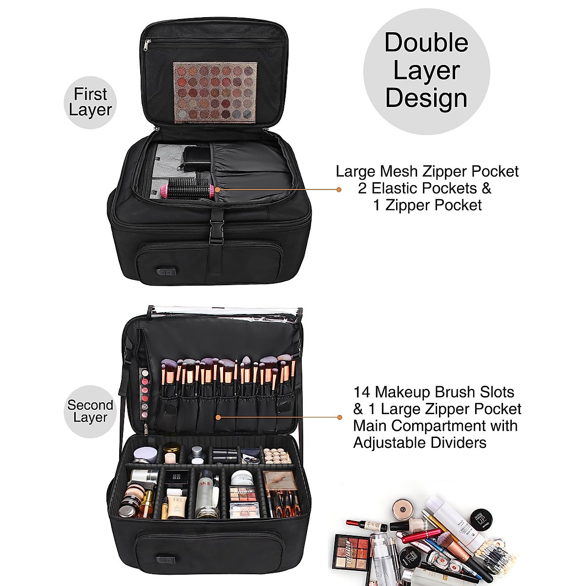 Makeup Backpack Rolling Makeup Case for Makeup Artists Large Capacity Cosmetic Storage Organizer Box for Cosmetics, Makeup Brushes, Hair Tools, Nail Polish (Black, Large)