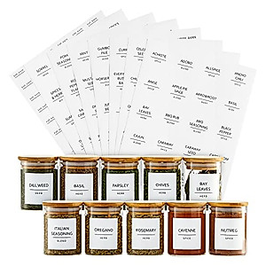 Talented Kitchen 184 Spice Labels Stickers, Preprinted White Spice Jar Labels for Herbs Seasonings, Spice Rack Pantry Organization, Minimalist Black Text + Numbers & Date (Water Resistant)