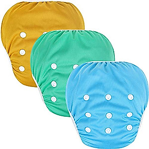 Leekalos One Size Adjustable Reusable Swim Diaper Boys & Girls, Swim Diapers for Baby Shower Gifts & Swimming Lessons, Pack of 3 (Jade, Aqua, Gold, Large)
