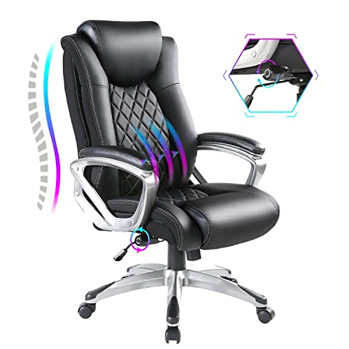 BOWTHY Executive Office Chair 300lbs - Adjustable Built-in Lumbar Support, High Back Office Chair PU Leather Chairs with Padded Armrest, Desk Chairs with Wheels Ergonomic Design for Back Pain (Black)